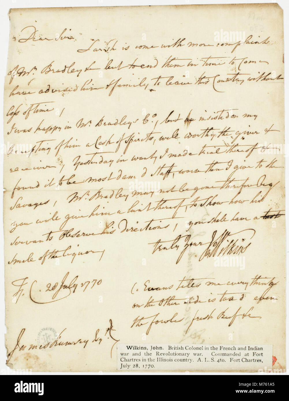 A letter written by John Wilkins to James Rumsey in 1770, reflecting ...