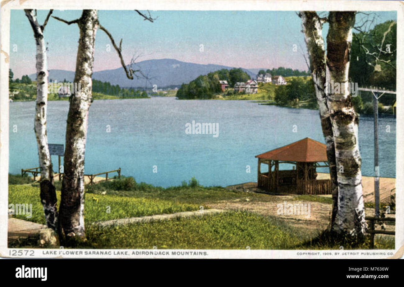 This image features Lake Flower in Saranac Lake, a scenic location in ...