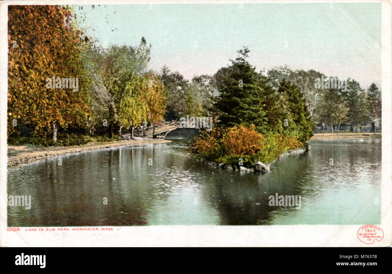 This image shows a serene lake located in Elm Park, capturing its ...