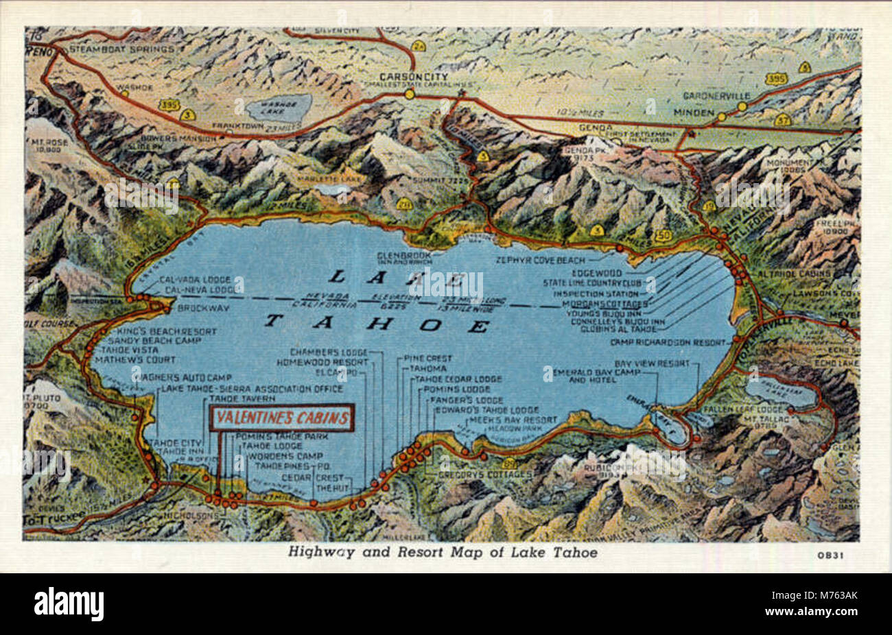 Lake Tahoe NV - Highway and Resort Map (NBY 430741 Stock Photo - Alamy