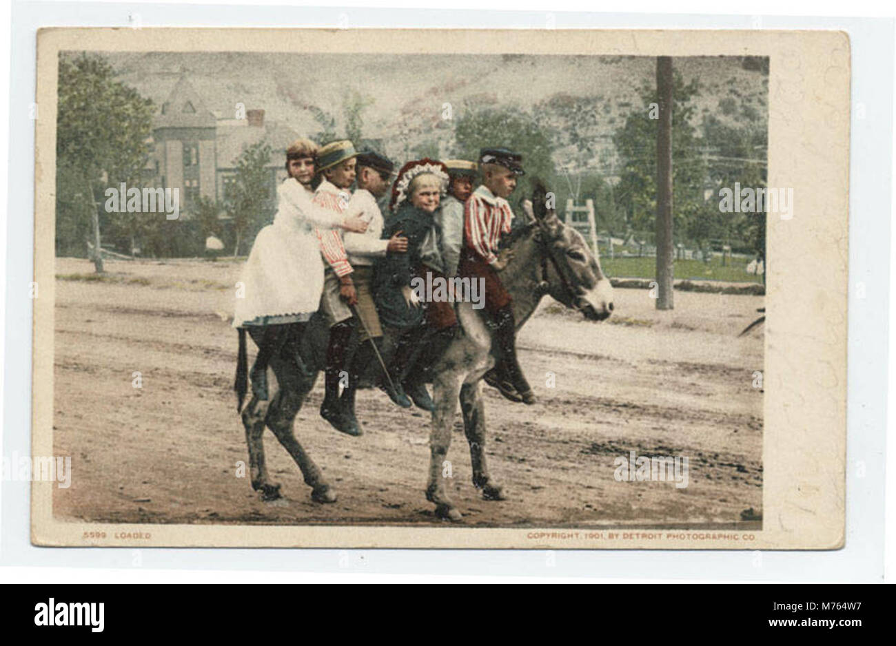 A photograph capturing children riding a donkey, loaded with items ...