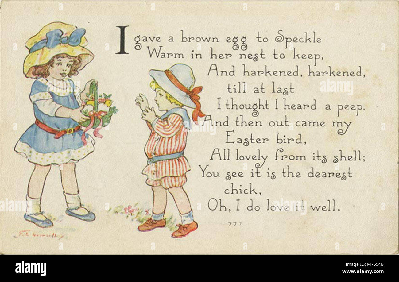 The image illustrates an Easter poem theme, featuring two girls playing ...