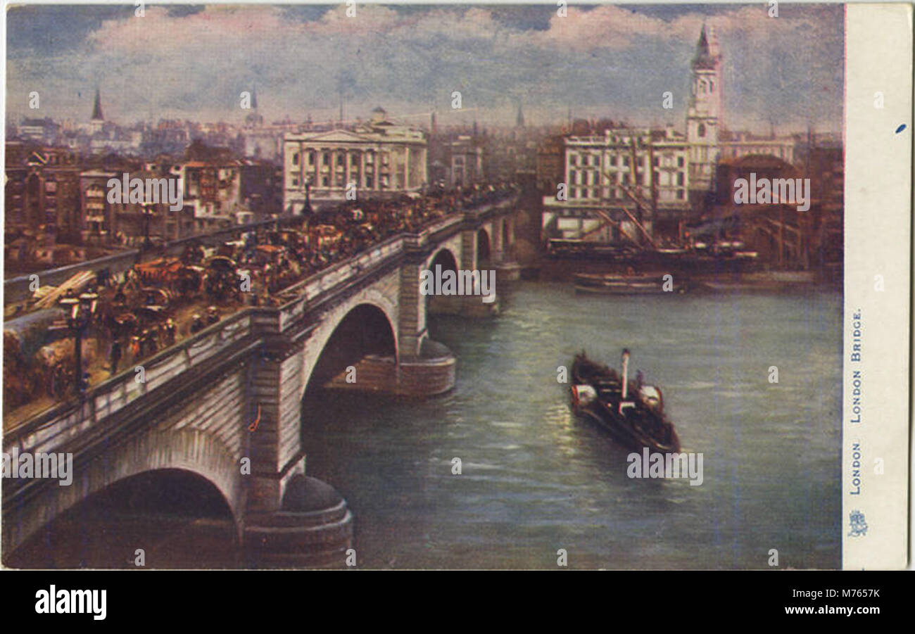 London Bridge, a historical landmark in London, is depicted in this ...