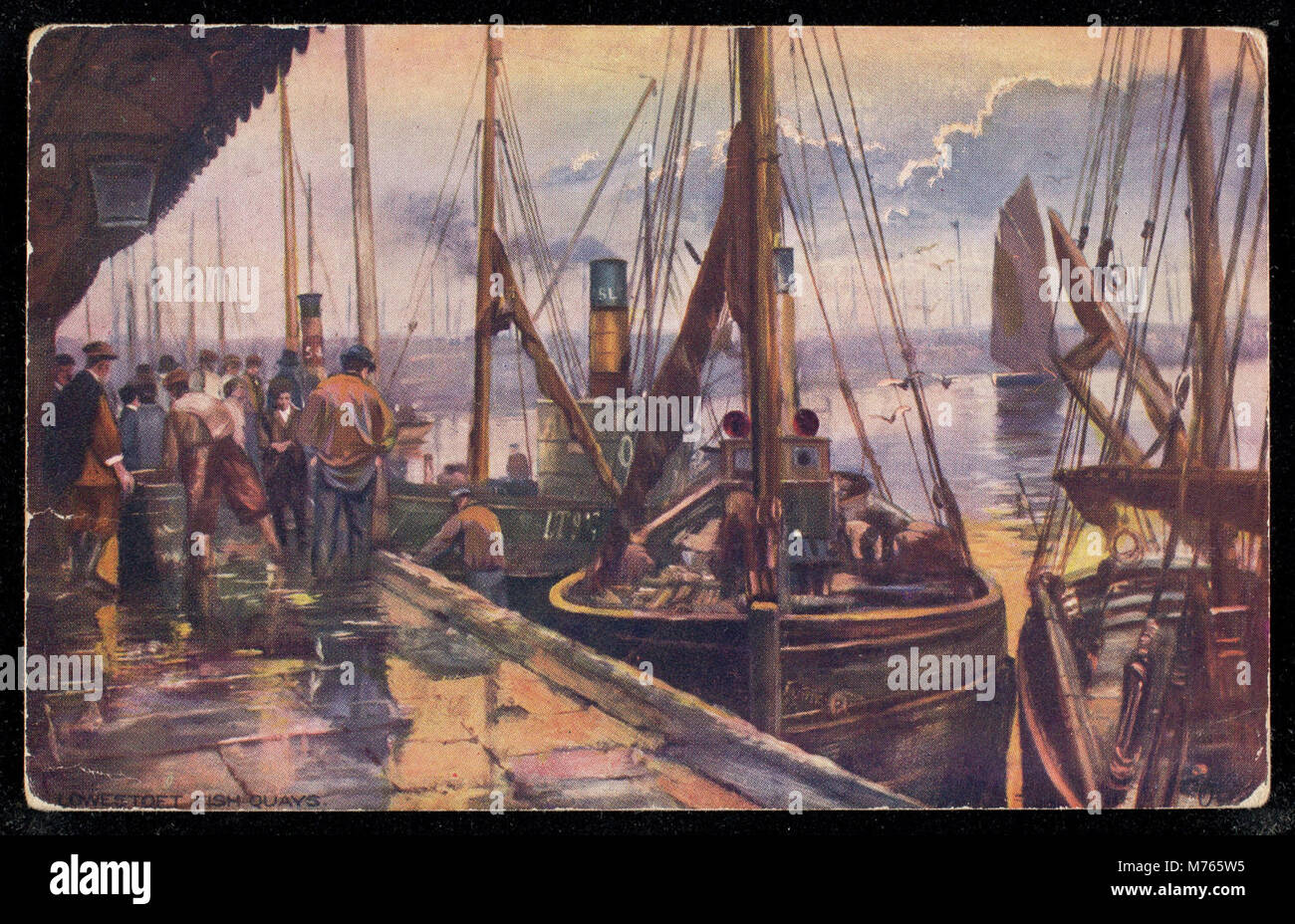 The Lowestoft Fish Quays in Suffolk, England, are depicted here ...