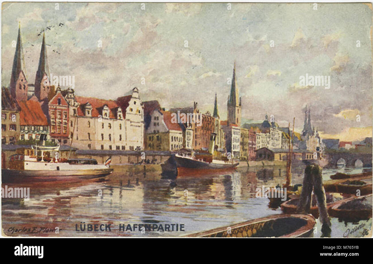 A historical photograph of Lubeck, showcasing the Hafenpartie, a ...