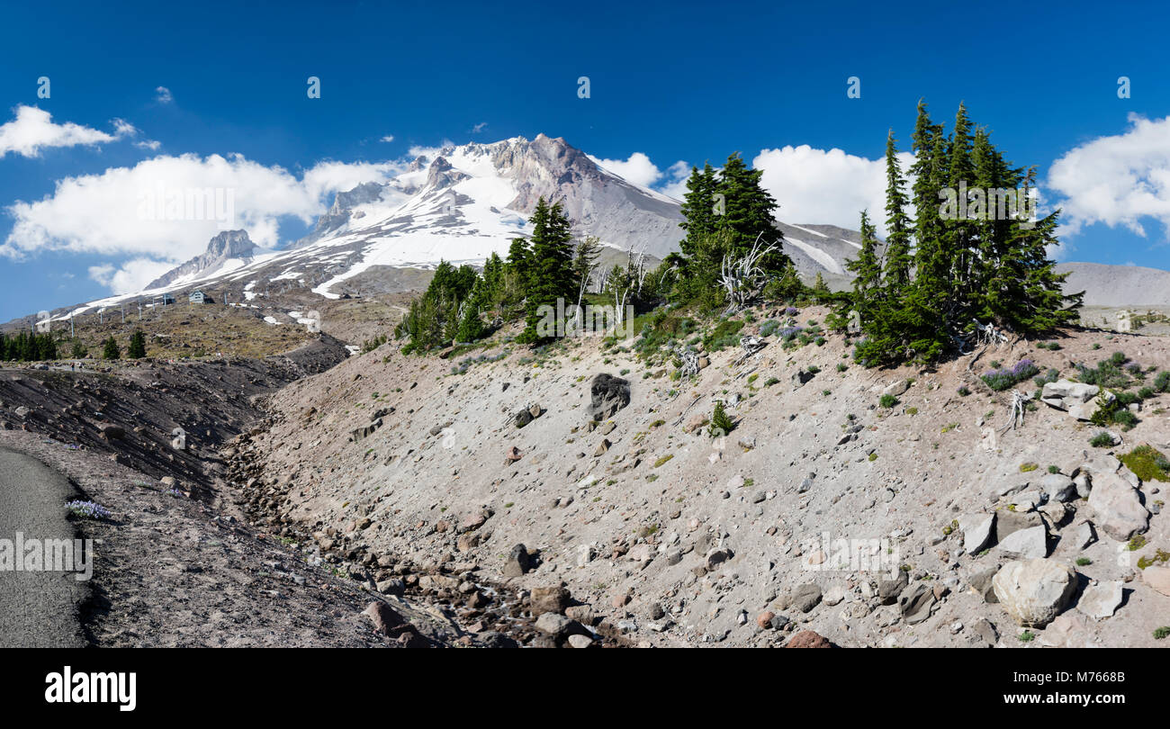 View of Mt Hood capped with snow and volcanic ash below. Mt Hood ...