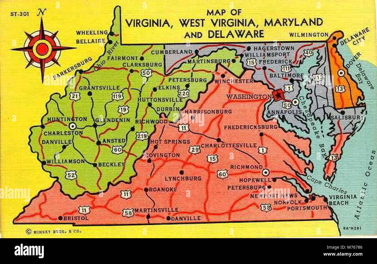 A map depicting the regions of Virginia, West Virginia, Maryland, and ...