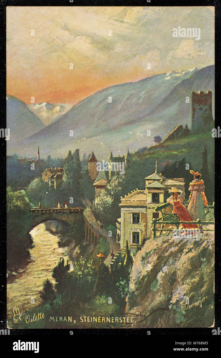 A postcard image from Meran (Merano), Italy, showing the Steinernersteg ...