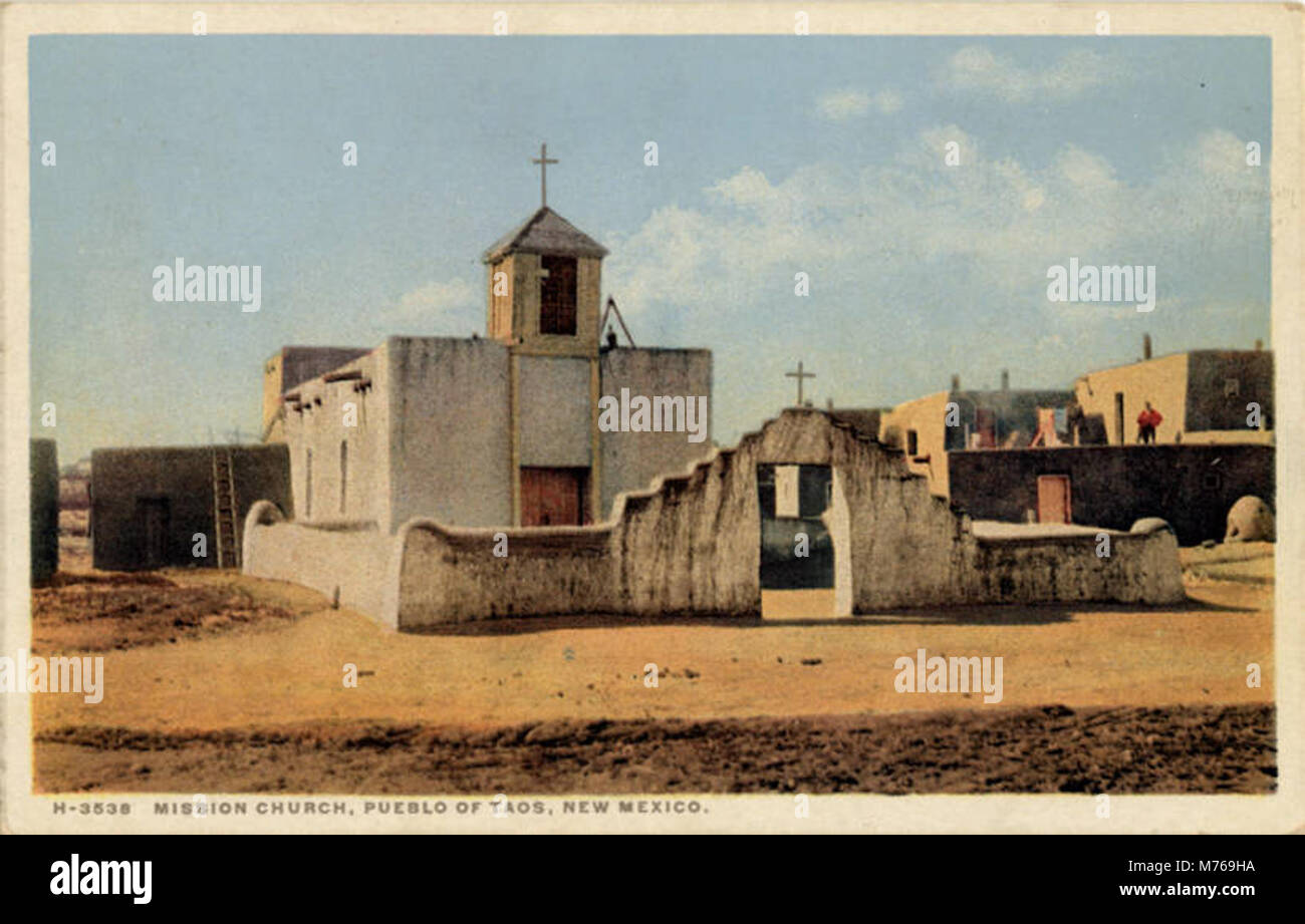 A photograph of the Mission Church in the Pueblo of Taos, known for its ...