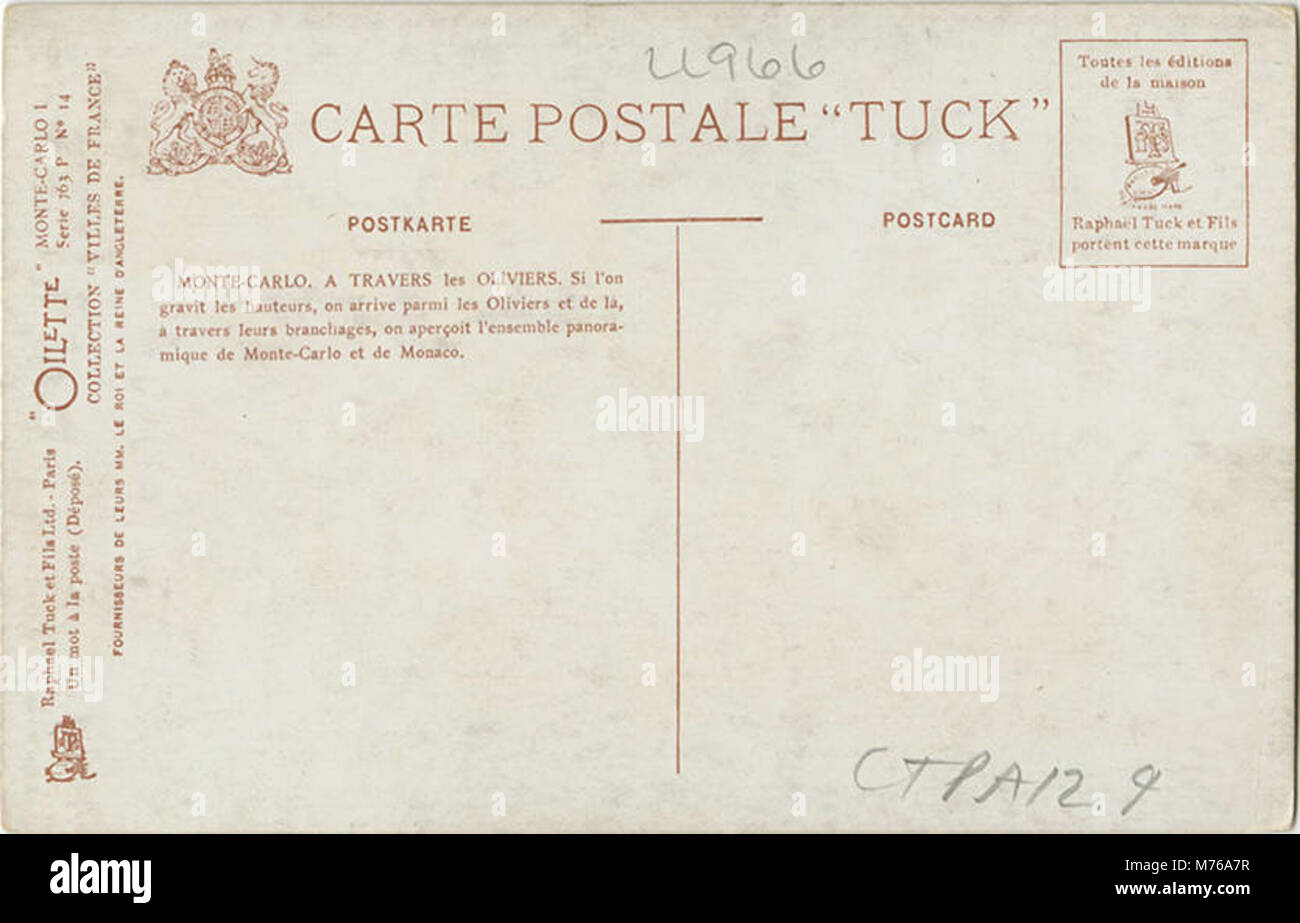 Postcard view of Monte Carlo, showing a path through olive trees ...