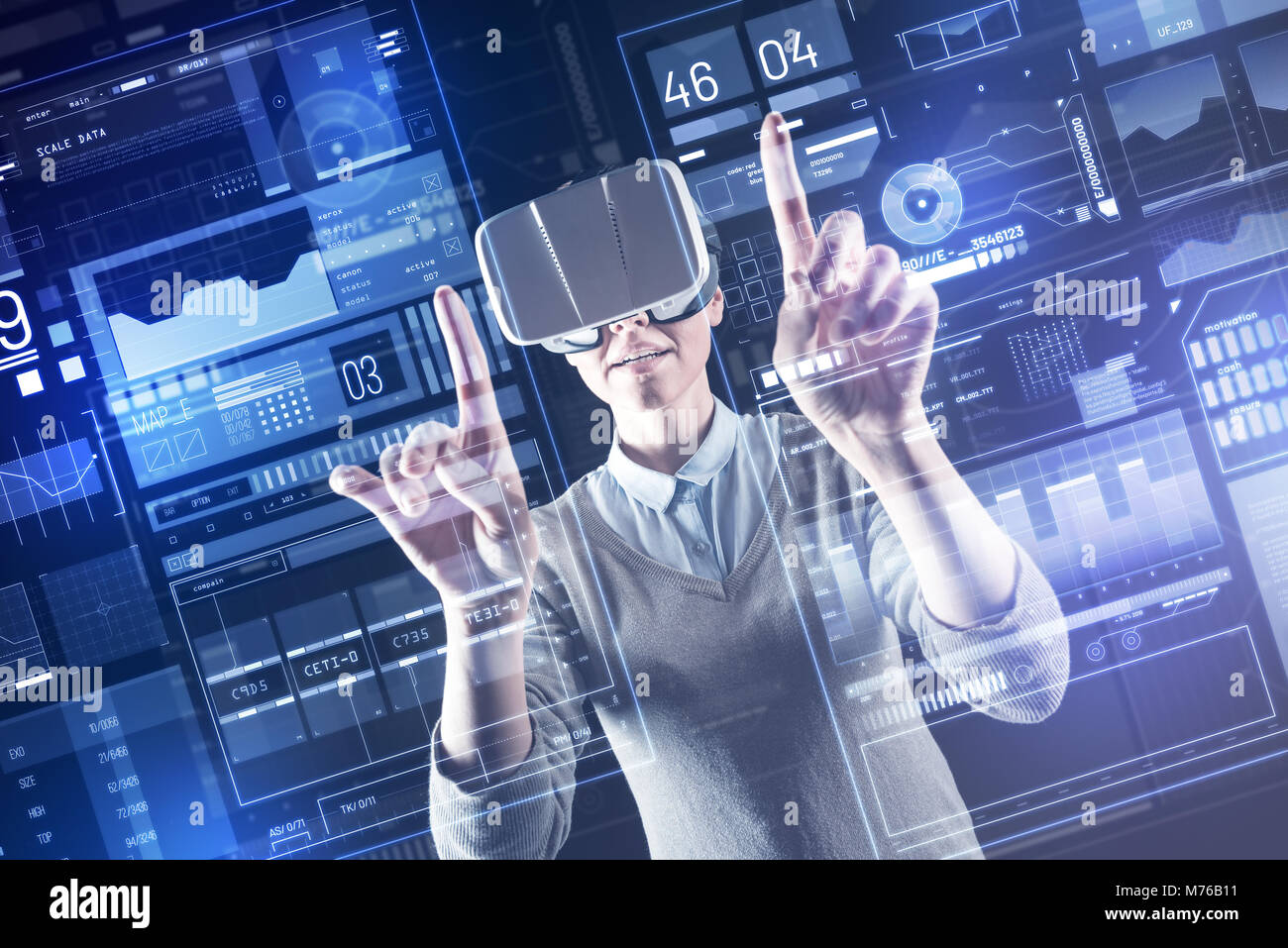 Creative programmer pointing to the screen while getting an idea Stock ...