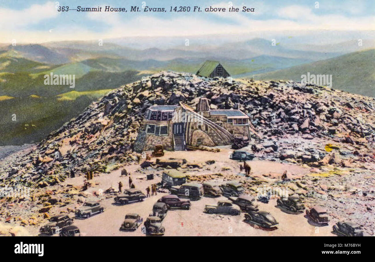 The Summit House on Mount Evans, Colorado, stands at 14,260 feet above ...