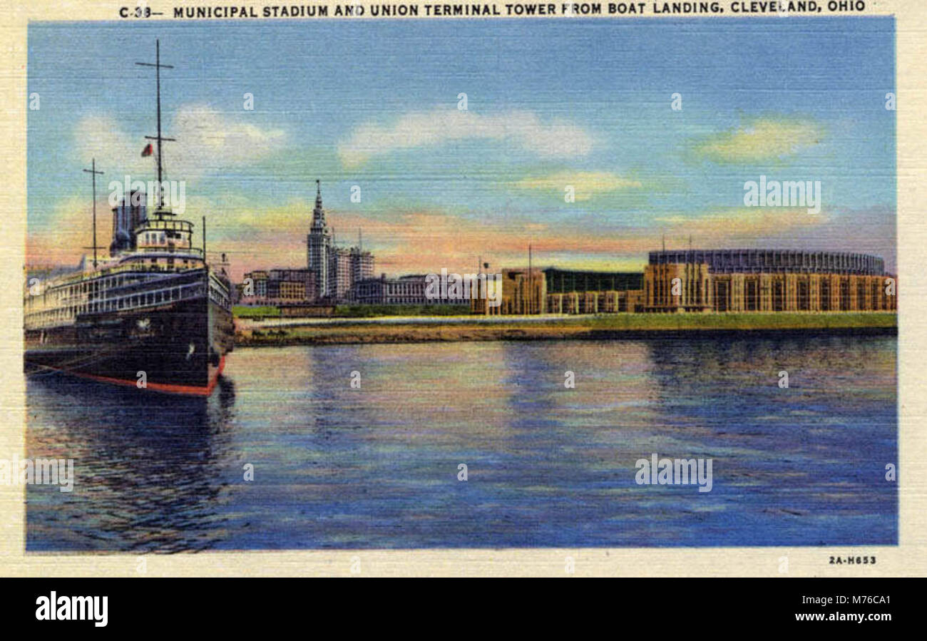 A view of Municipal Stadium and Union Terminal Tower from a boat ...