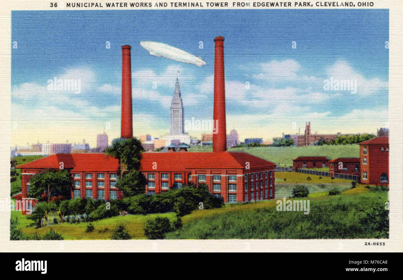 A photograph capturing the Municipal Water Works and Terminal Tower ...