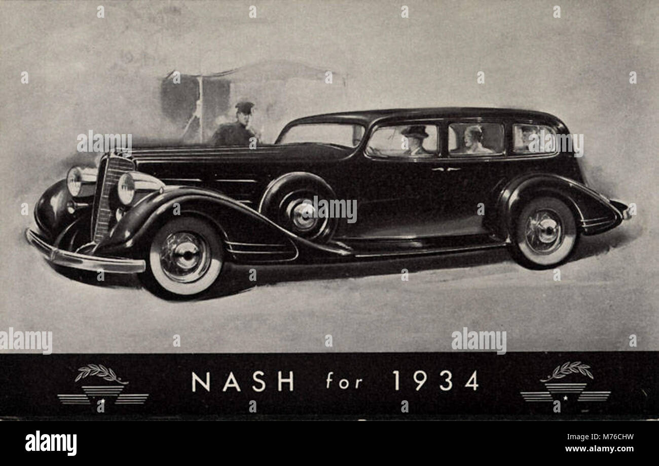 A promotional image from 1934 showcasing the Nash automobile brand ...