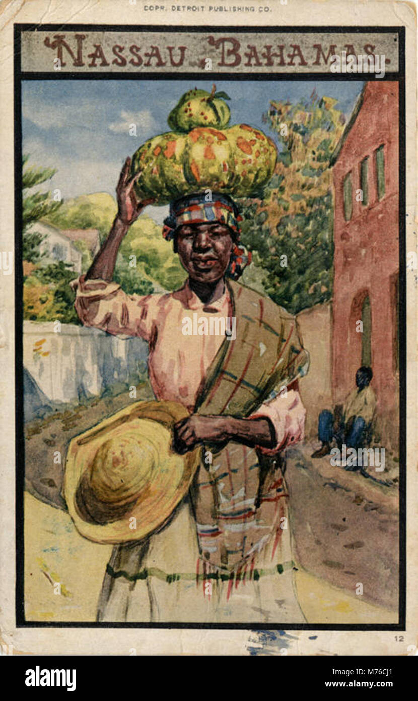 This image shows a woman from Nassau, Bahamas, carrying fruit on her ...
