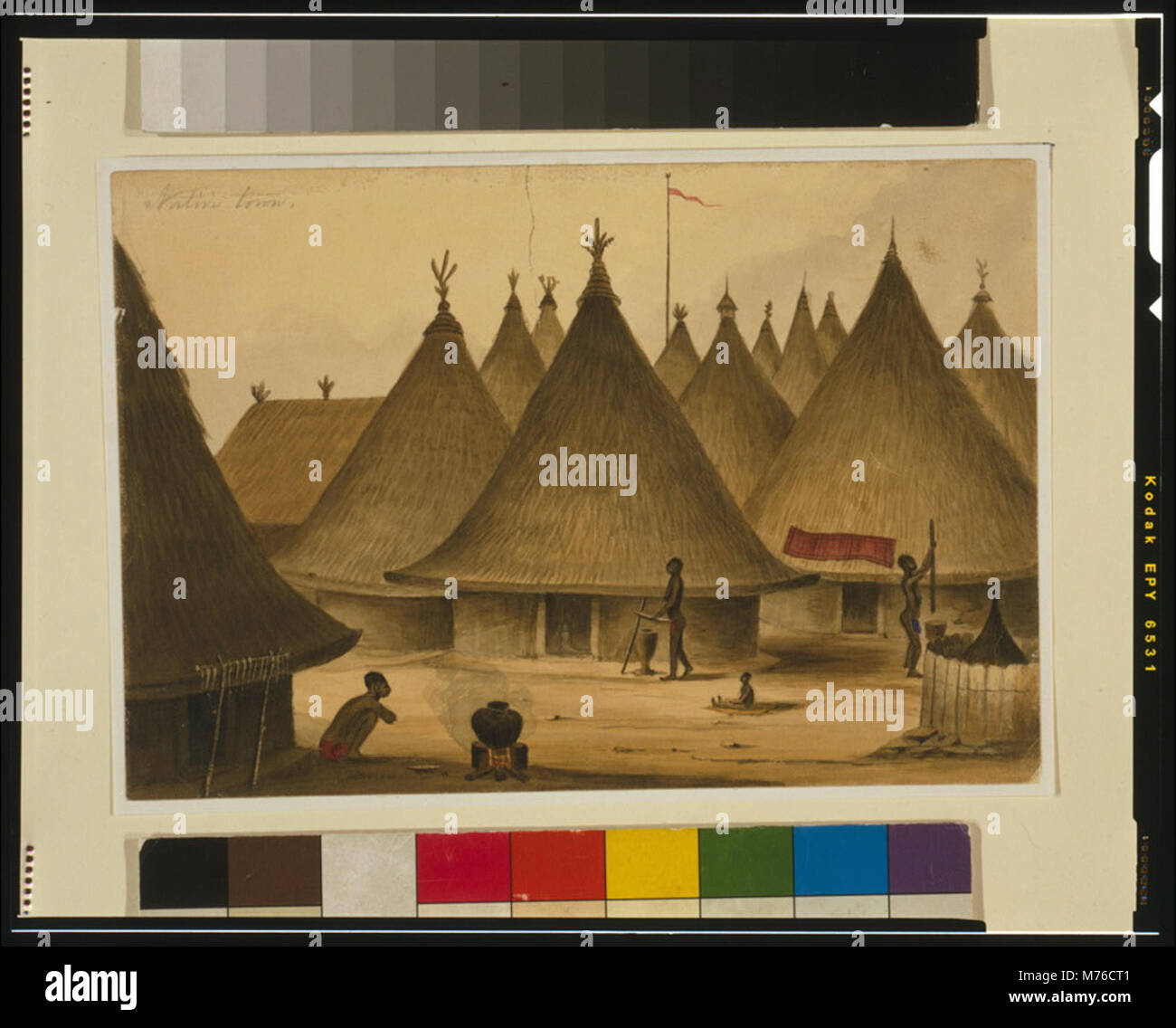 A photograph of a Native American village, capturing the traditional ...