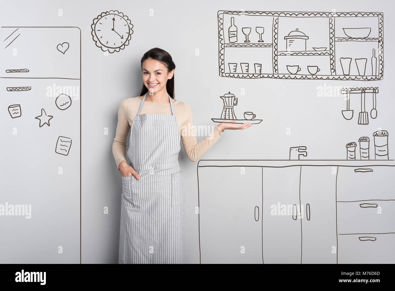 Cheerful woman thinking of becoming a waitress and holding coffee Stock ...