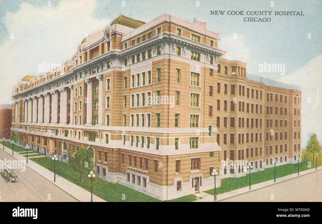 A photograph of the newly constructed Cook County Hospital, showcasing ...