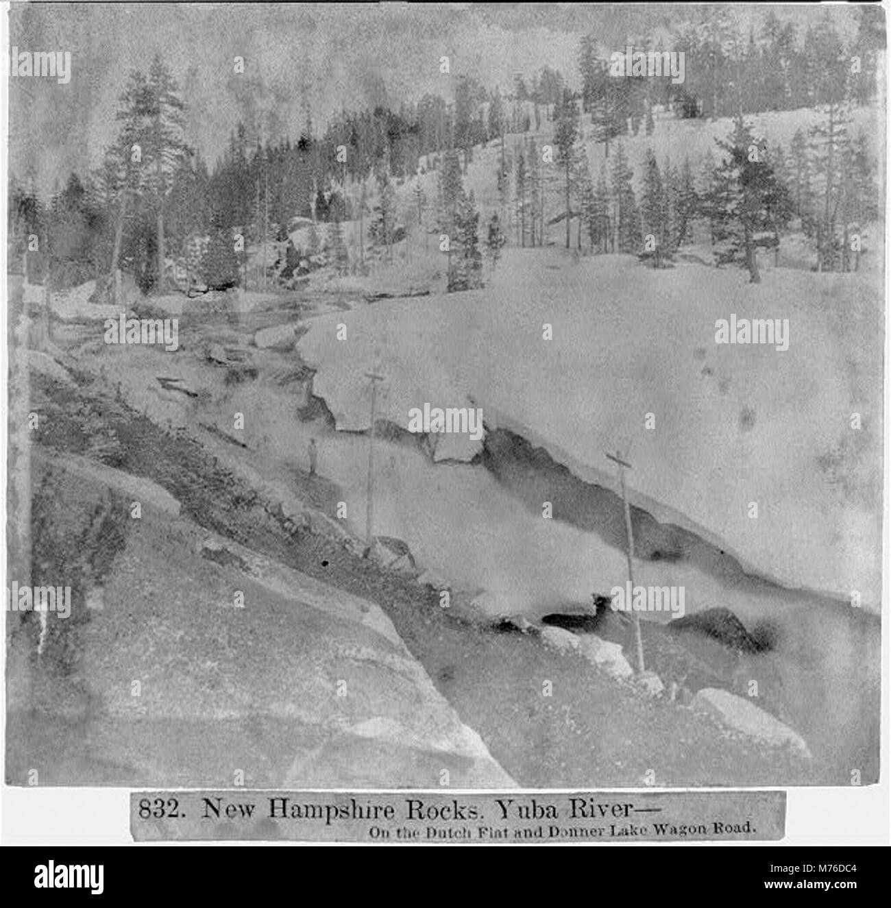 A photograph showing the rocky landscape along the Yuba River ...