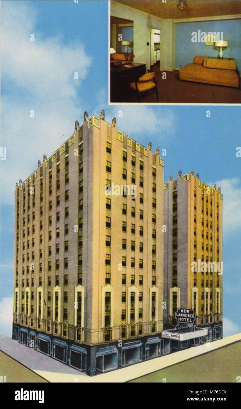 A photograph of the New Lawrence Hotel, a notable building in its time ...