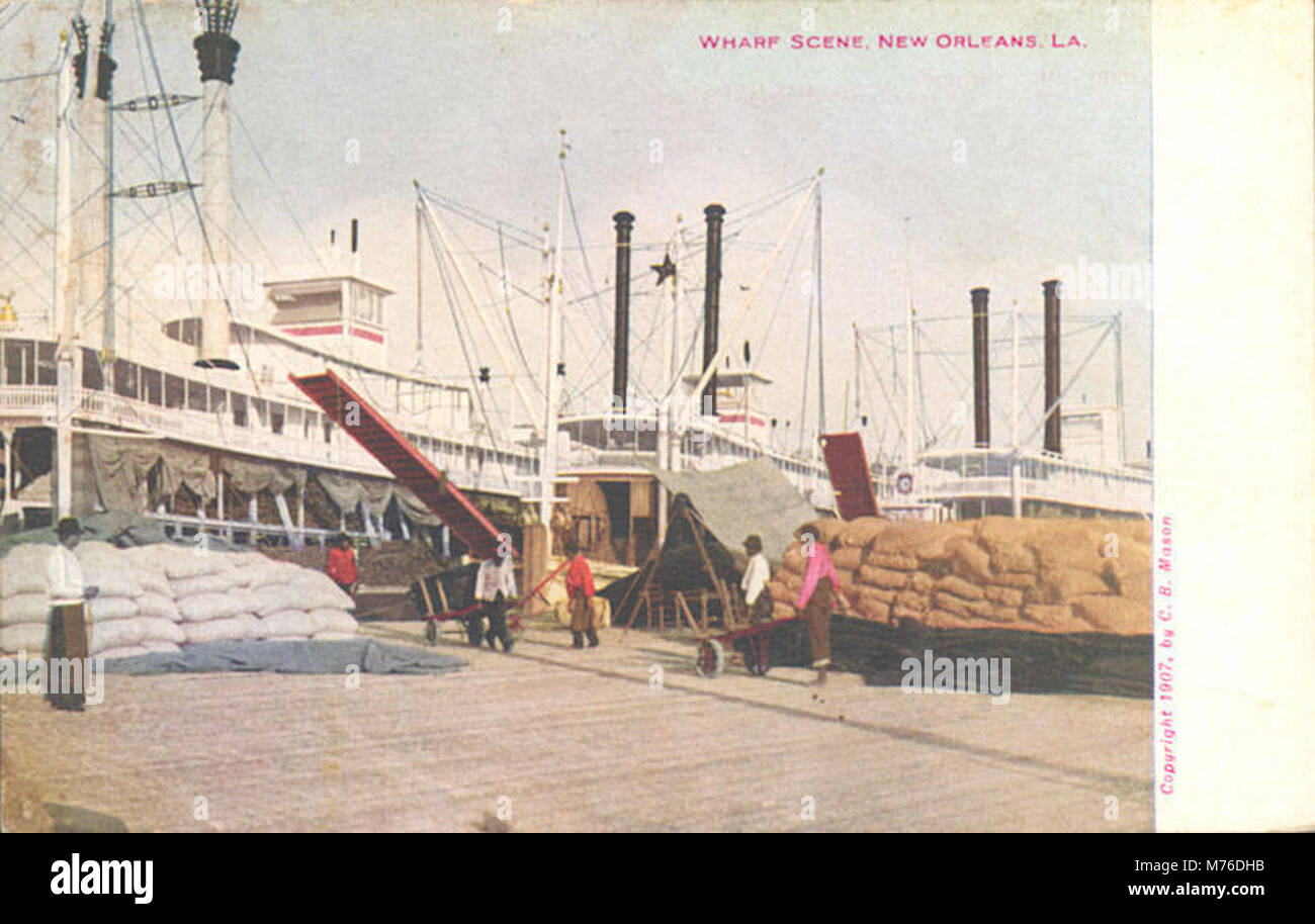 A lively scene of a wharf in New Orleans, capturing the bustling port ...
