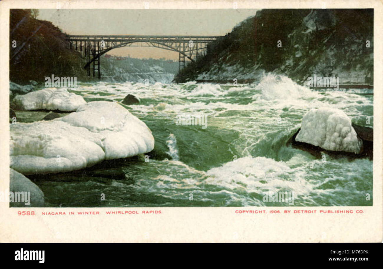 A winter scene of Niagara Falls, featuring the Whirlpool Rapids ...