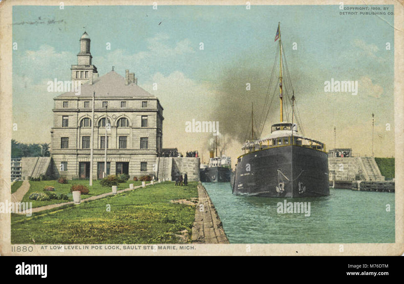 A photograph showing a vessel entering the Poe Lock at a low water ...