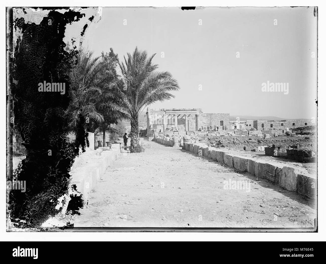 A historical photograph of the restored synagogue at Tell Hum, an ...
