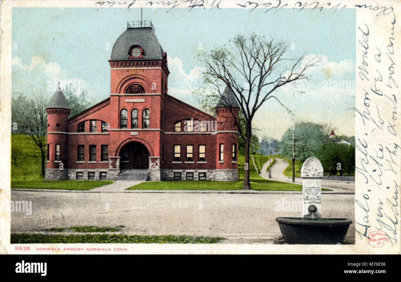 The image depicts the Norwalk Armory, a historical building in Norwalk ...