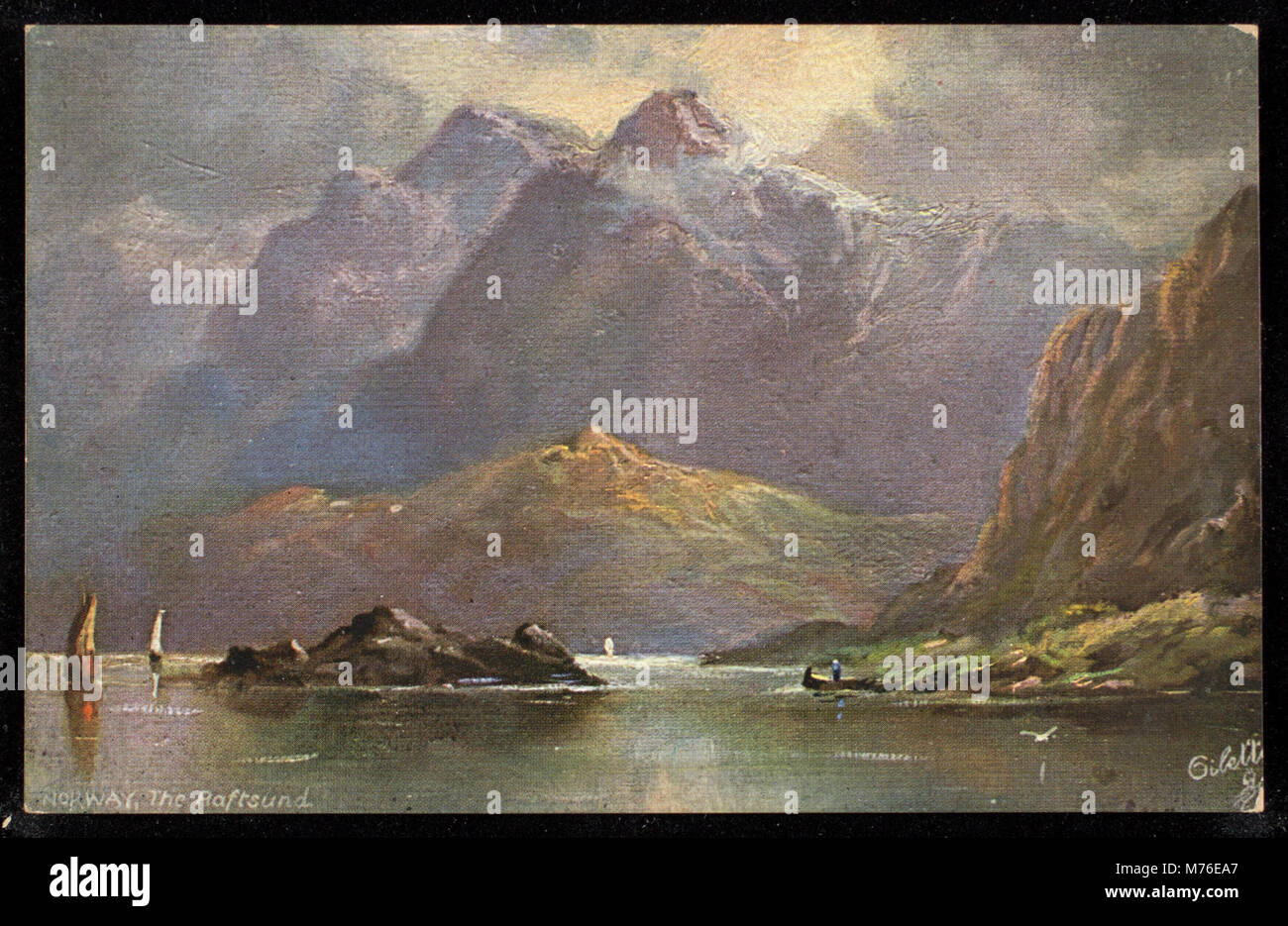 A photograph of the Raftsund, a scenic narrow strait in Norway, known ...