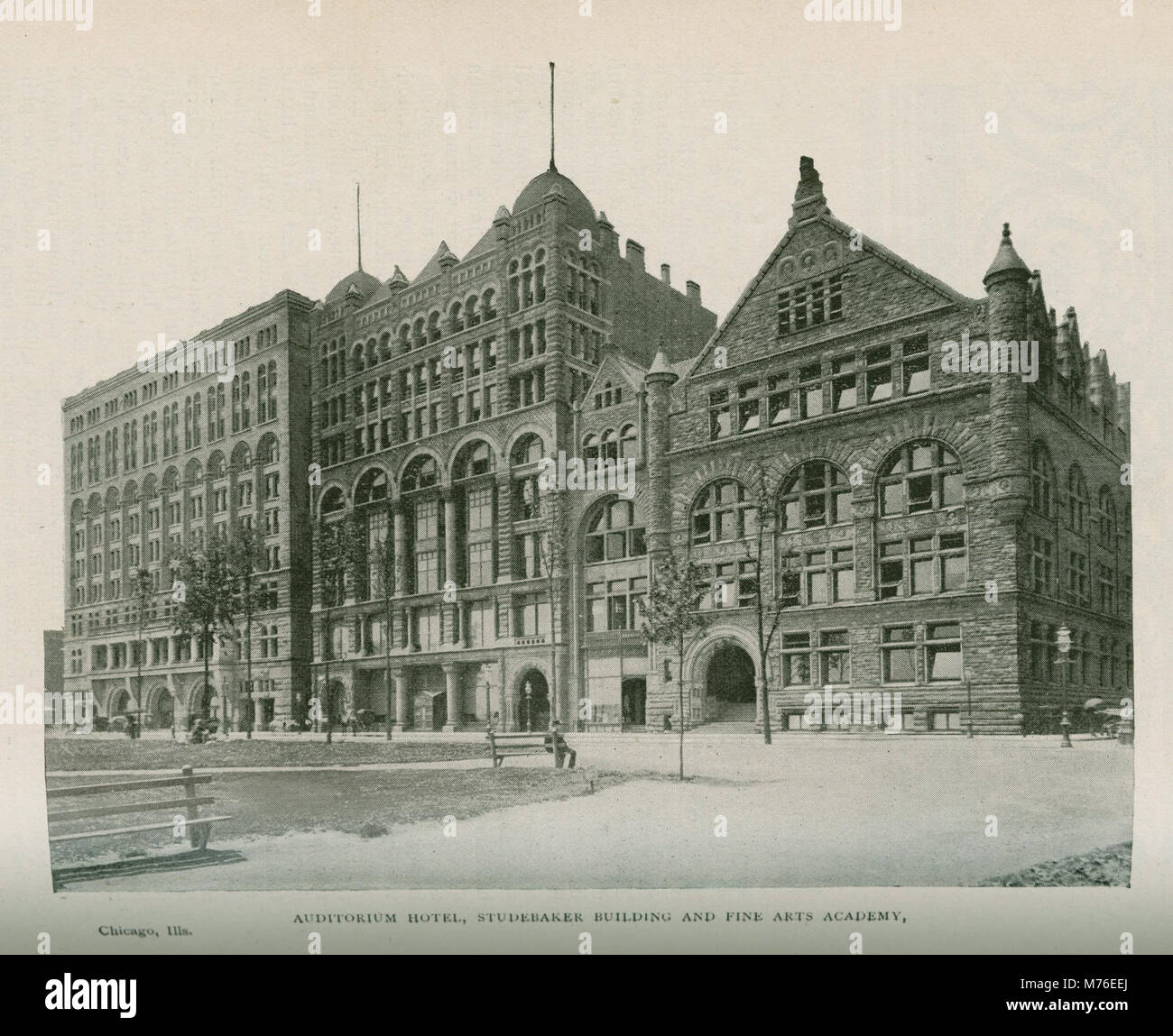 A historical photograph of the Auditorium Hotel, Studebaker Building ...