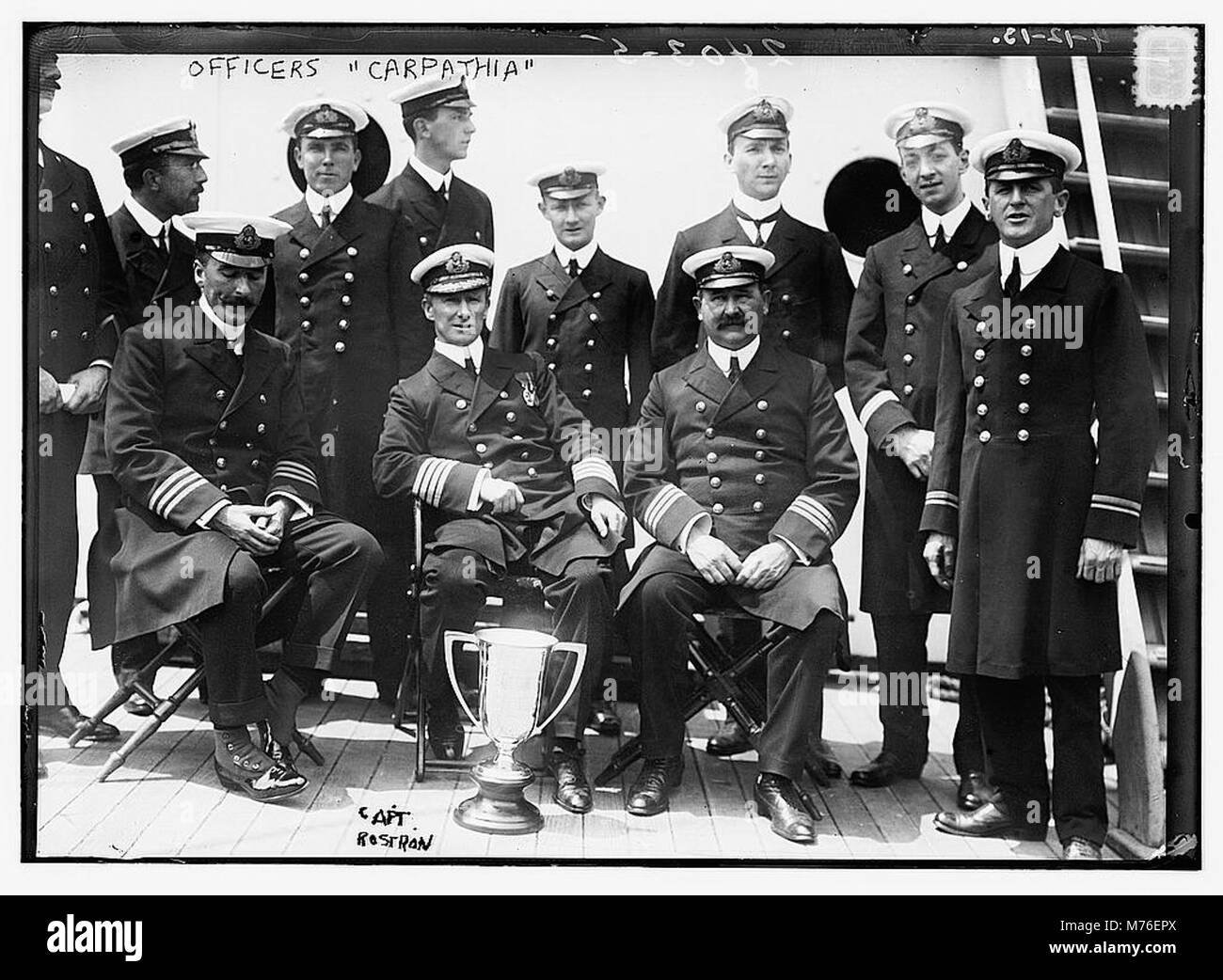 A historical image of officers aboard the RMS Carpathia, famous for ...