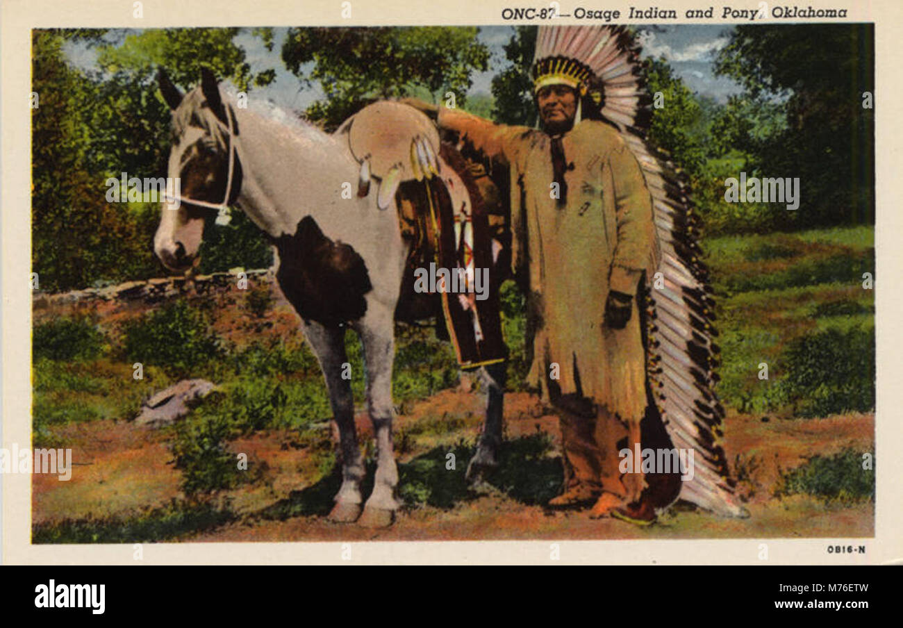 A postcard image featuring an Osage Indian and his pony in Oklahoma ...