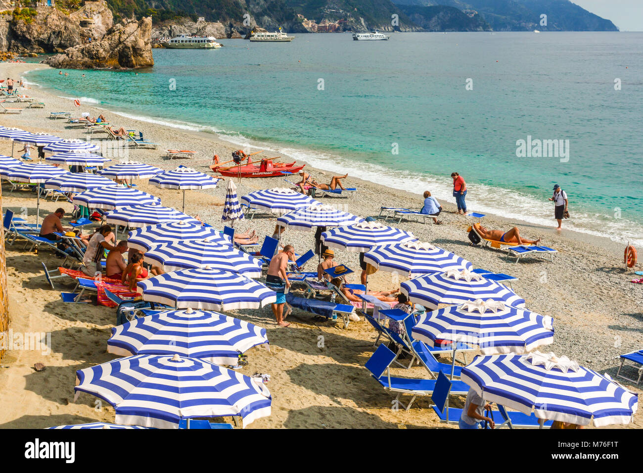 The sandy beach at Monterosso Al Mare, Cinque Terre Italy, with ...