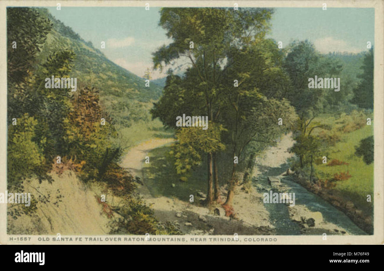 A photograph of the Old Santa Fe Trail passing over the Raton Mountains ...