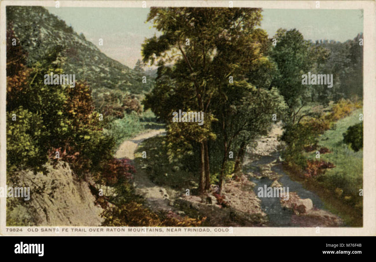 A scenic view of the Old Santa Fe Trail crossing the Raton Mountains ...