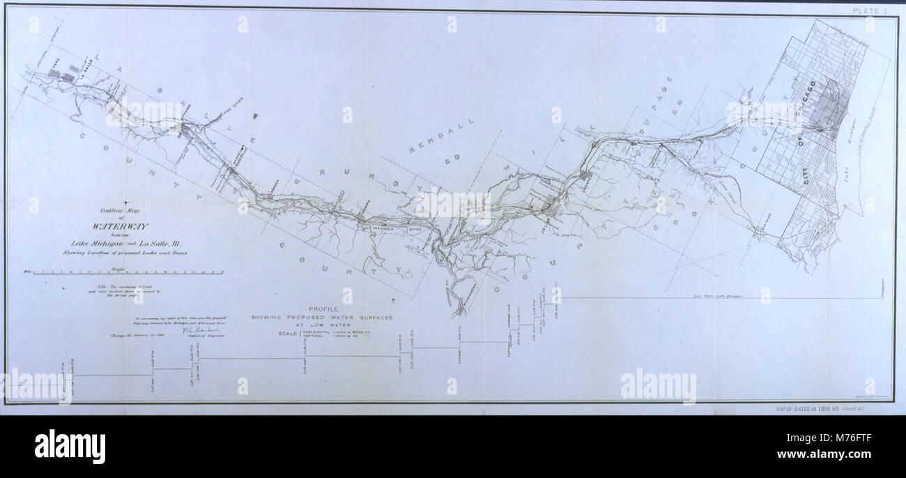 An outline map showing the waterway between Lake Michigan and La Salle ...