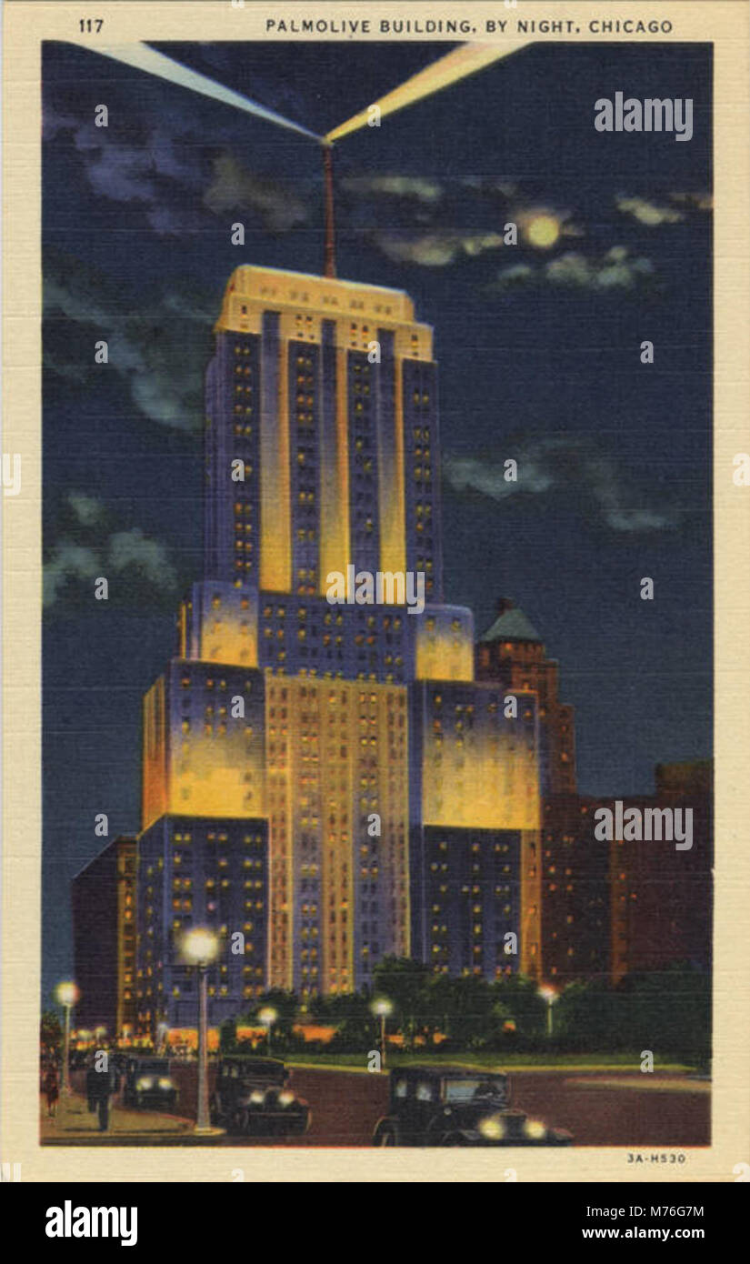 A night-time photograph of the Palmolive Building, an iconic Art Deco ...