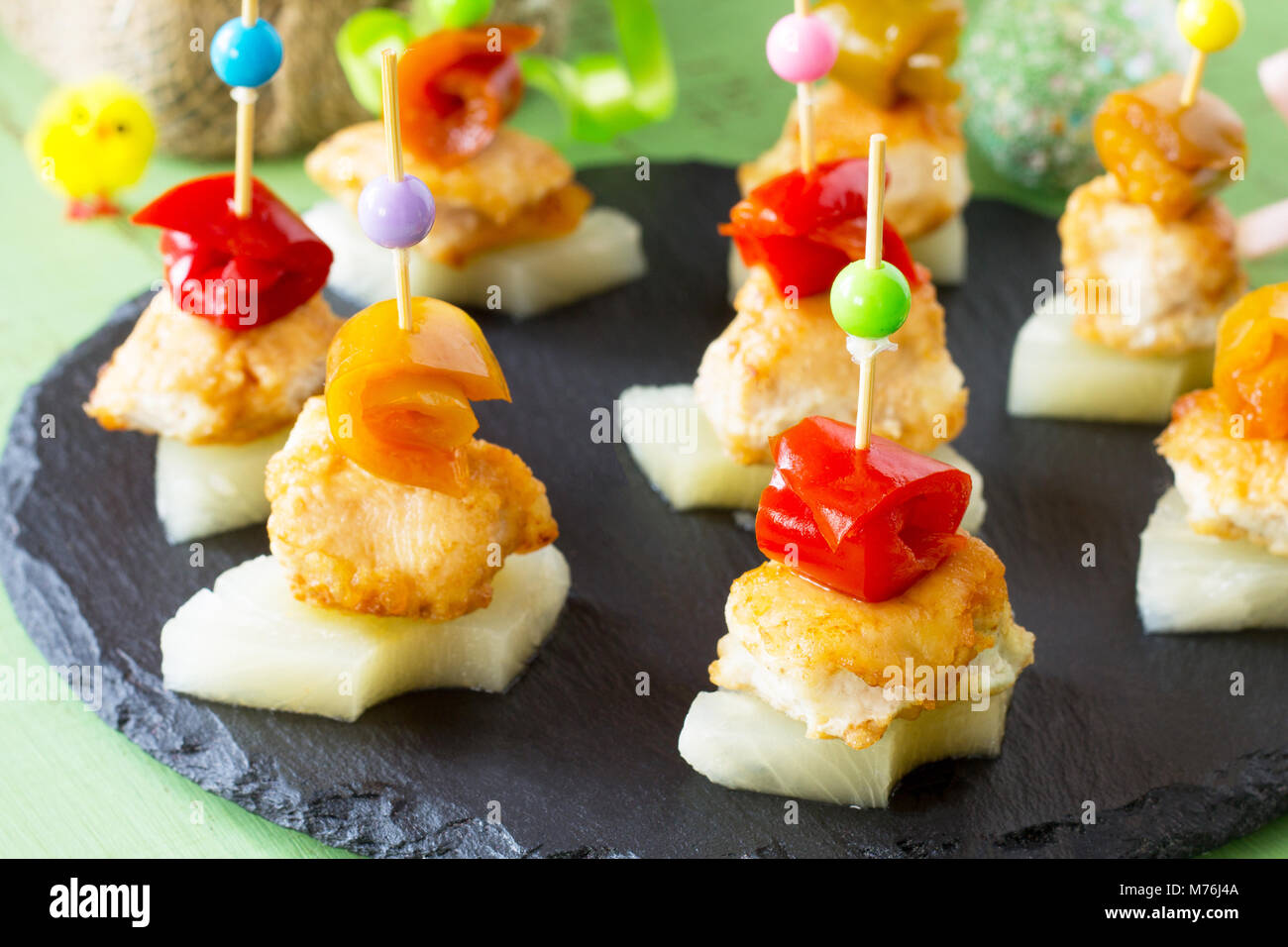 Easter recipe, festive appetizer. Canapes with pineapple, grill chicken ...