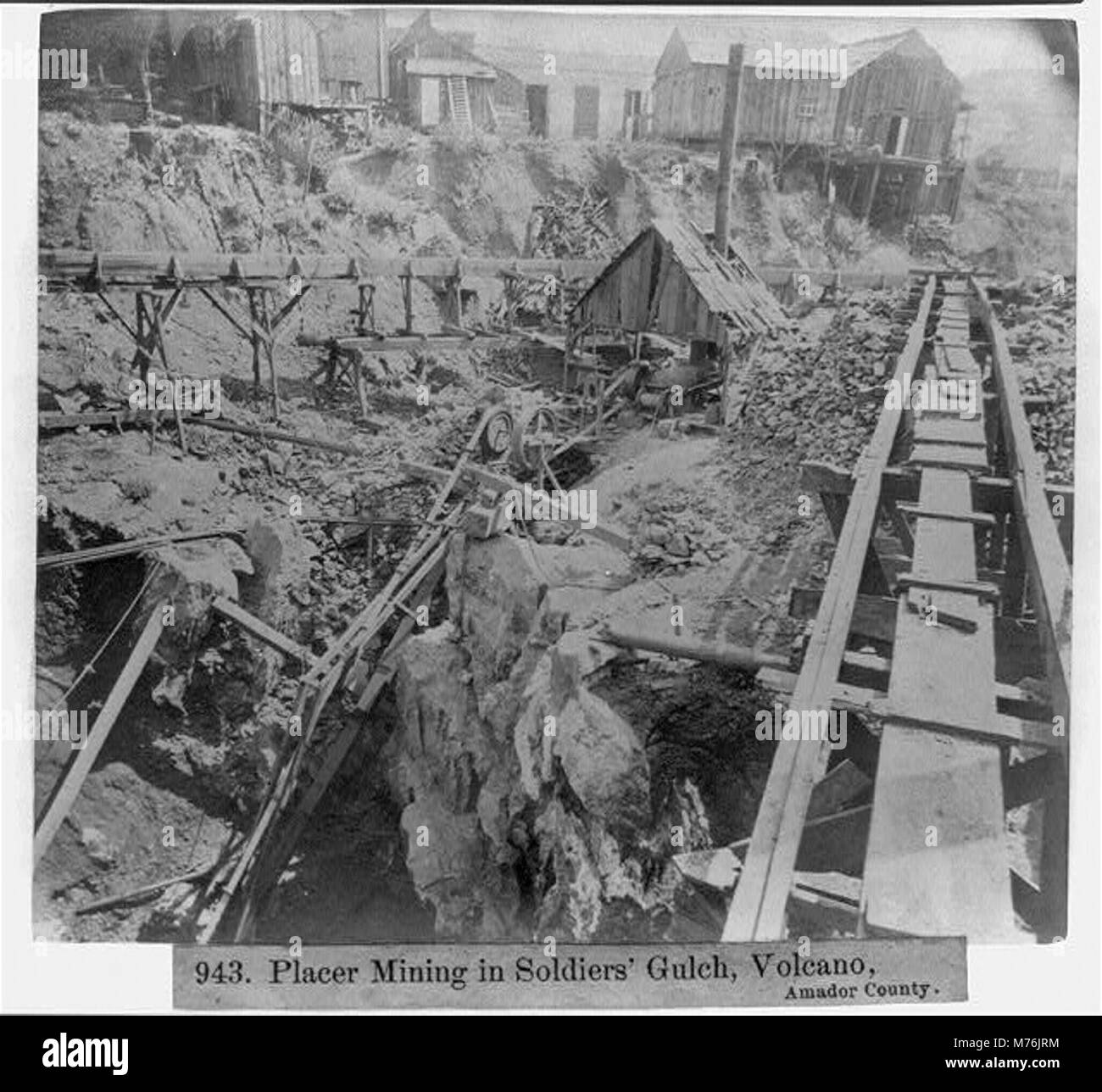 The photograph shows placer mining in Soldier's Gulch, Volcano, Amador ...