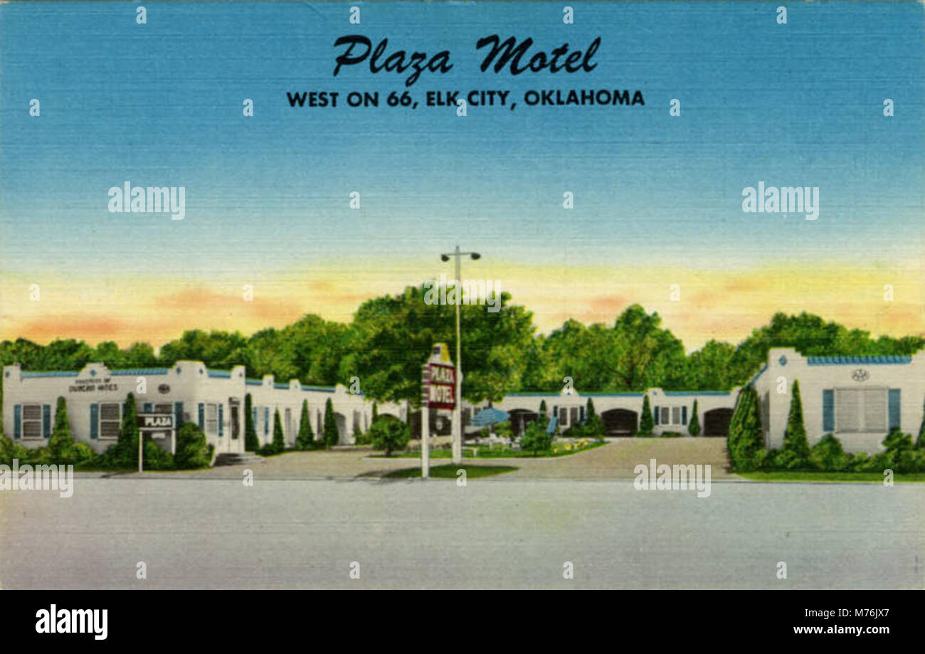 A photograph of the Plaza Motel, showcasing its exterior and sign, a ...