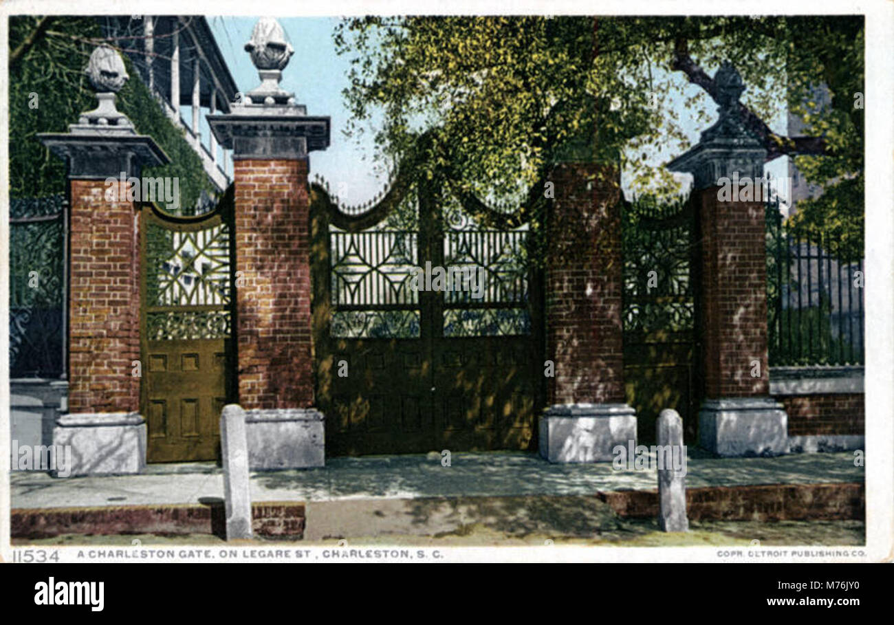 The image shows a historic gate in Charleston, located on Legare Street ...