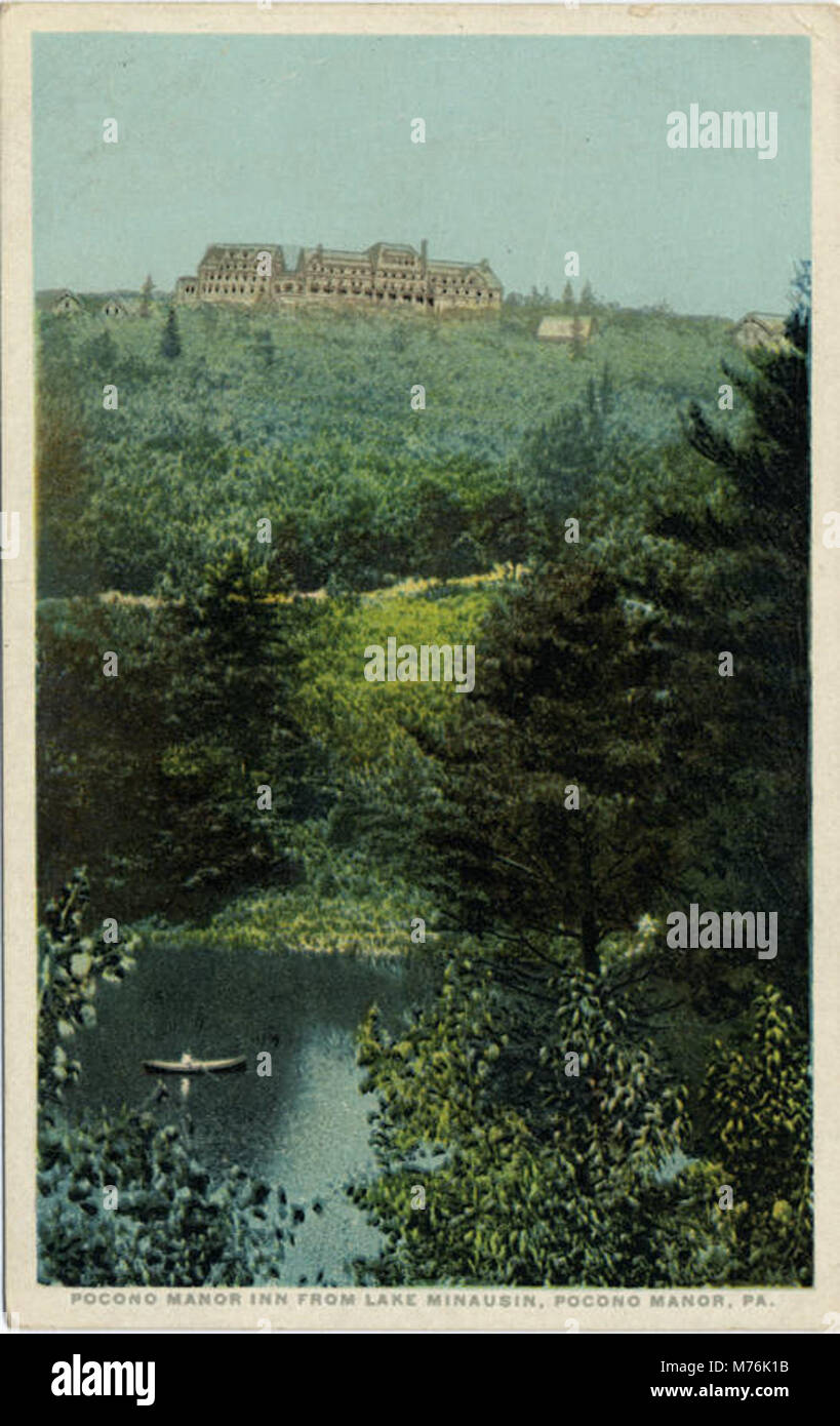 The Pocono Manor Inn, as seen from Lake Minausin, presents a scenic ...