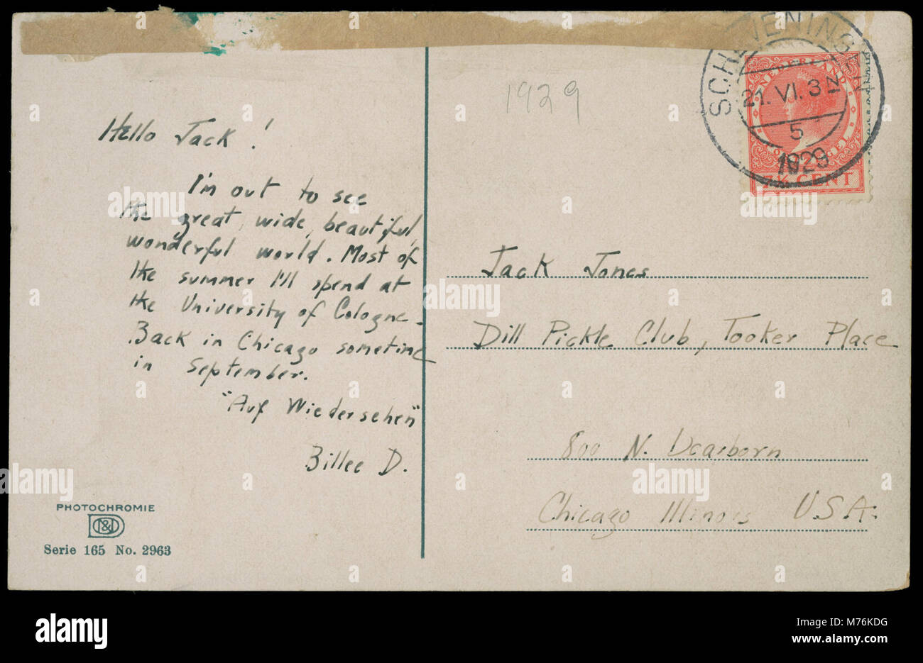 A postcard sent in 1929 from Billie D. to Jack Jones, offering a ...