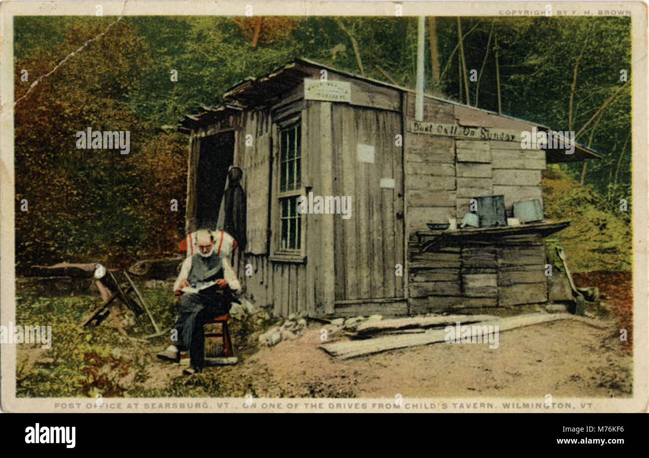 This historical image shows the post office at Searsburg, Vermont ...