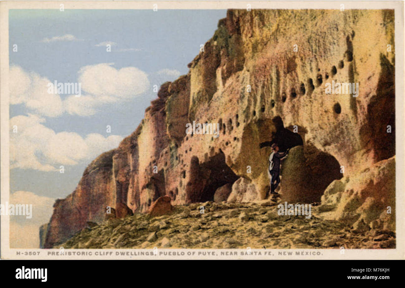 A photograph of prehistoric cliff dwellings in the Pueblo of Puye, New ...