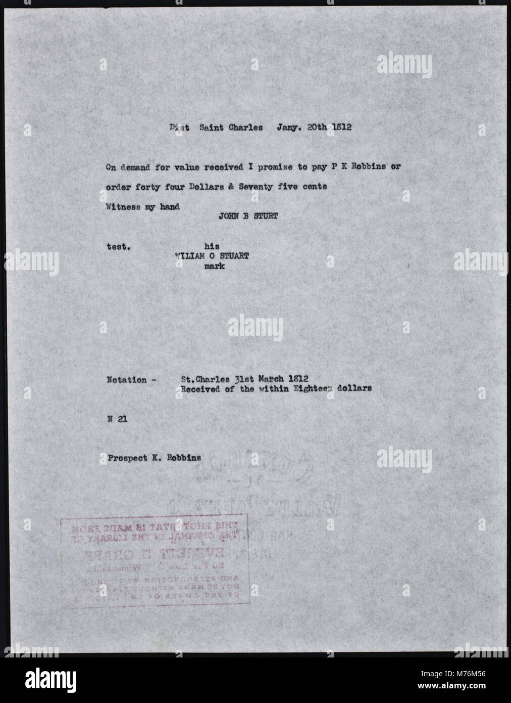 A historical promissory note from 1812 made out to P.K. Robbins. The ...