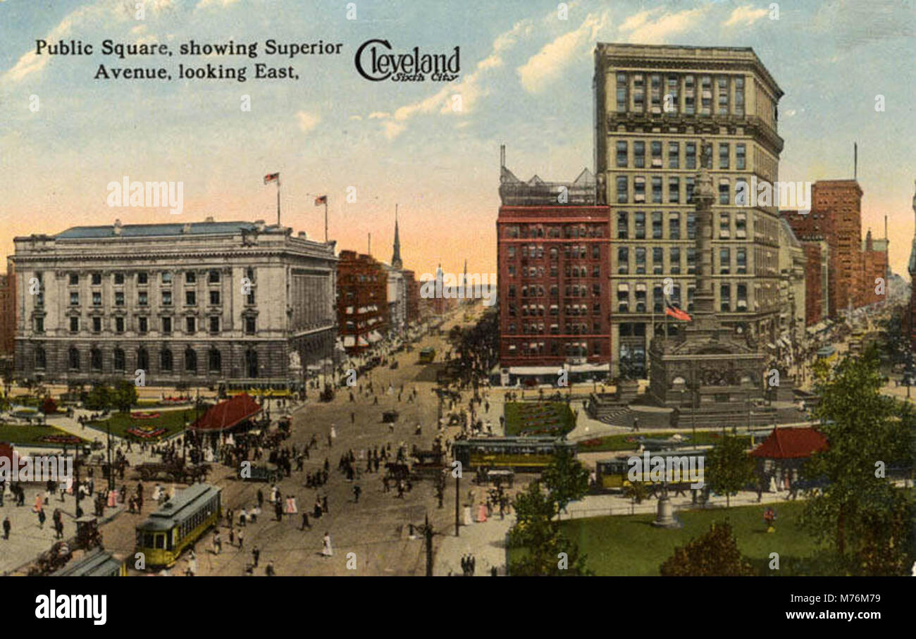 A historical view of a public square in Cleveland, Ohio, showing ...