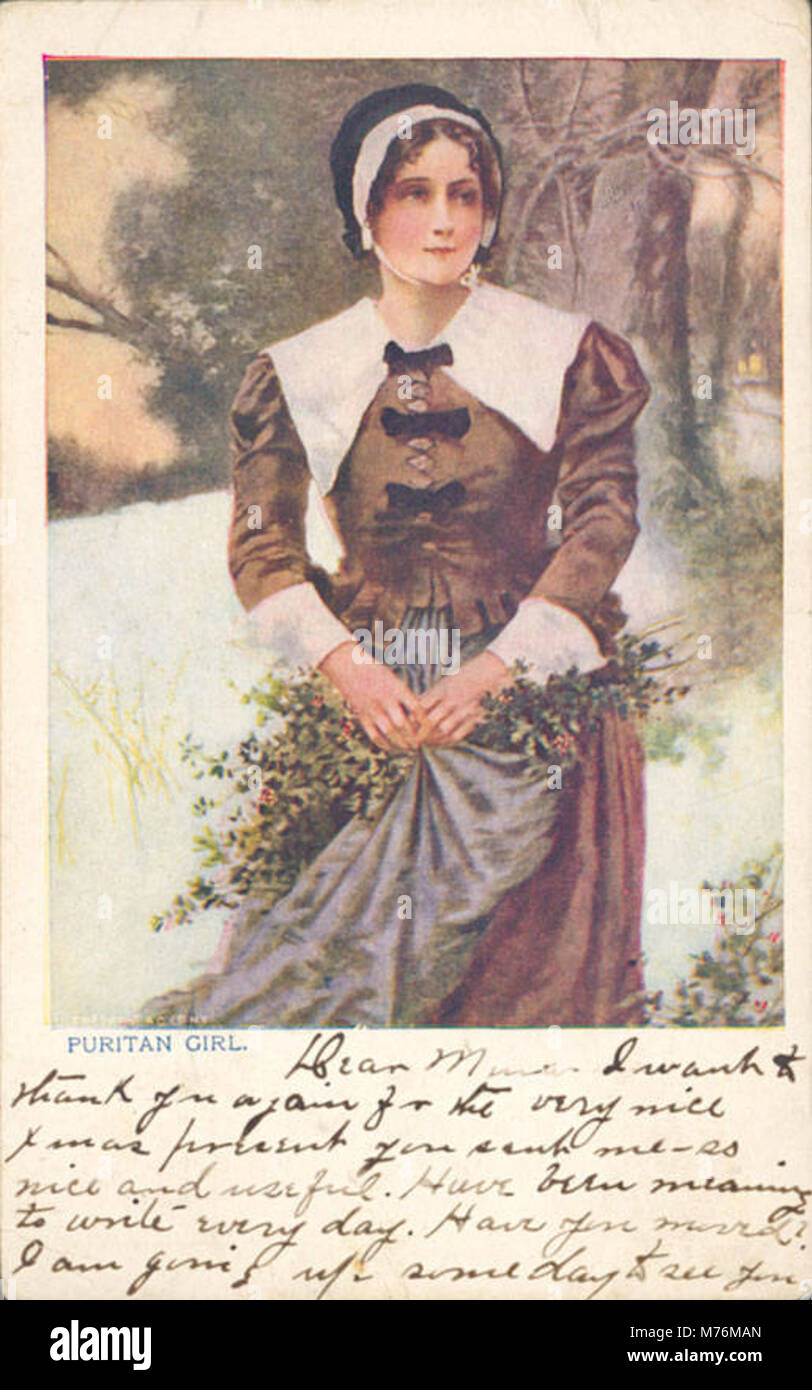 This image portrays a Puritan girl, likely from the 17th century ...